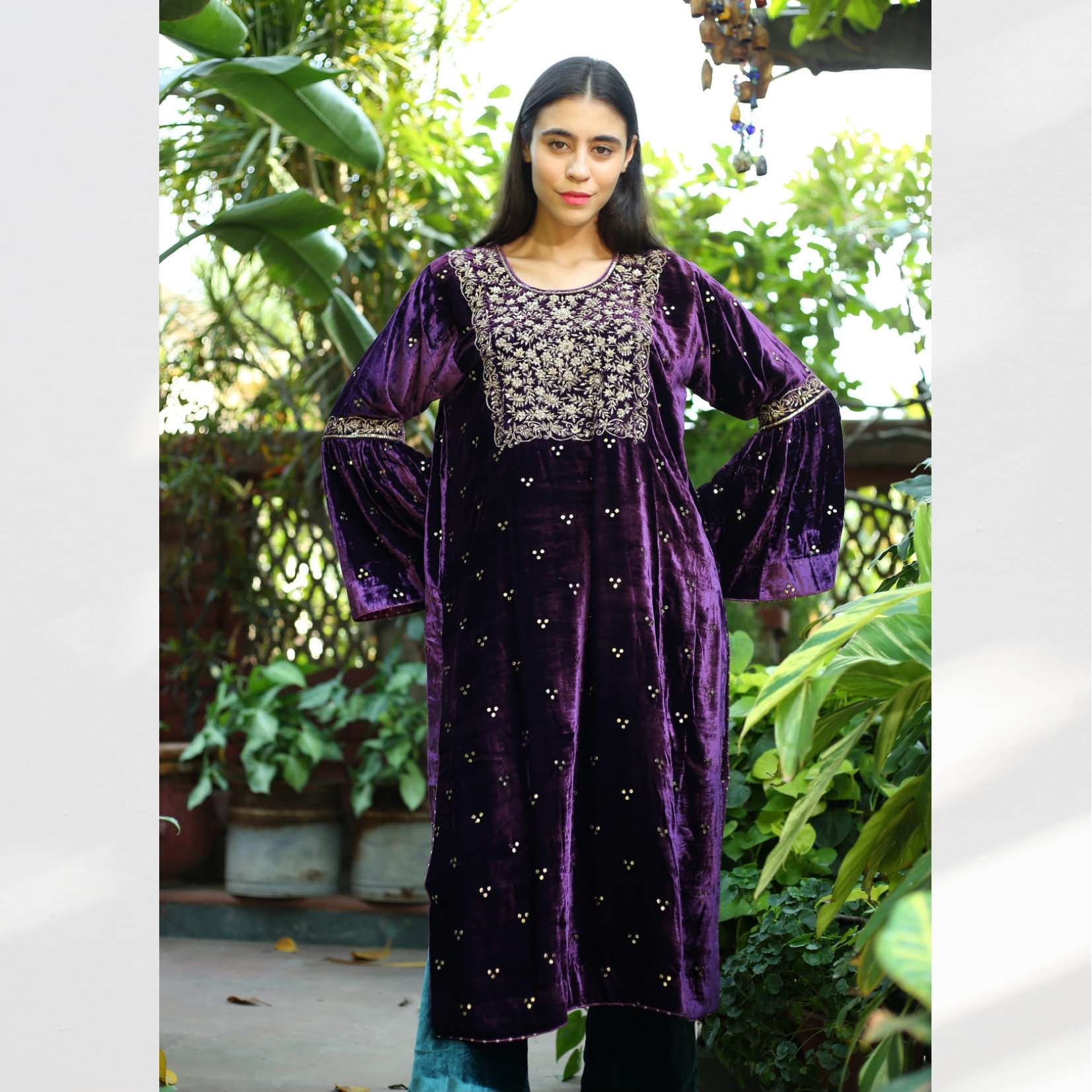 Pure Velvet Purple Tunic Hand Embroidered with Zardozi - Kaneka Subberwal